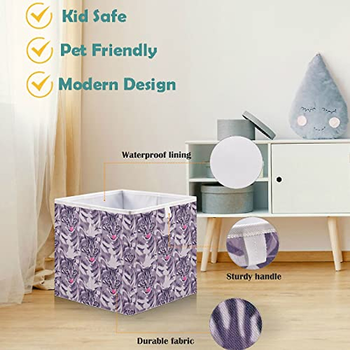 visesunny Closet Baskets Retro Cat Storage Bins Fabric Baskets for Organizing Shelves Foldable Storage Cube Bins for Clothes, Toys, Baby Toiletry, Office Supply