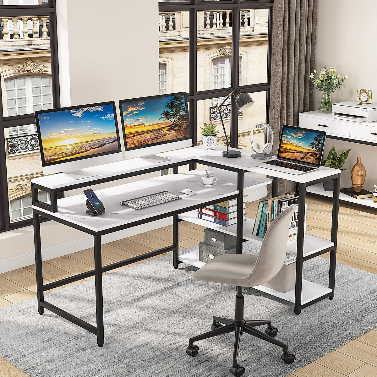 LITTLE TREE Reversible L Shaped Computer Desk with Storage Shelf, Industrial Corner Desk with Monitor Stand for Home Office