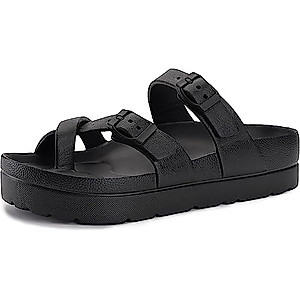WHITIN Women's Platform Sandals with Arch Support Comfortable Size 8 Rubber Toe Loop Pillow Slides Slip on Lightweight EVA Thick Soles Adjustable Buckle Ultra Cushion Blak