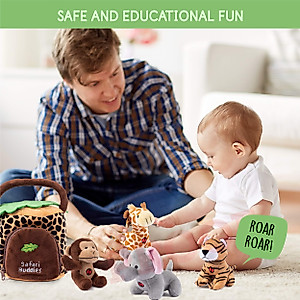Talking Plush Jungle Animals Set: 4 Soft Safari Toys - Elephant, Monkey, Giraffe, Tiger & Jungle House Carrier