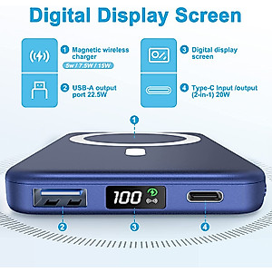 AOGUERBE Magnetic Wireless Portable Charger, 10000mAh Wireless Power Bank PD 22.5W Fast Charging with USB-C LED Display Mag-Safe Battery Pack Compatible for iPhone 15/14/13/12 Pro/Mini/Pro Max（Blue）