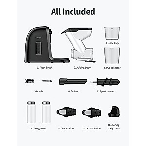Kalado Slow Juicer Machines Vegetable and Fruit, 3”Extra Large Chute with Quiet Motor & Reverse Function, Cold Press Juicer 200W Power, BPA-Free & 2 Heat-Resistant Glasses in Jet Black