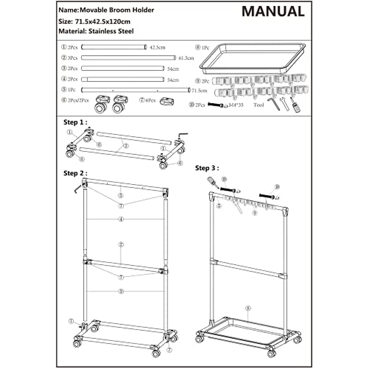 Broom Holder Organizer Movable Closet Storage Cabinet Mop Rack Floor Standing Cleaning Tool Cart For Garden Garage Schools Hotels Hospitals Factories Property Companies Restaurant (10 Racks)