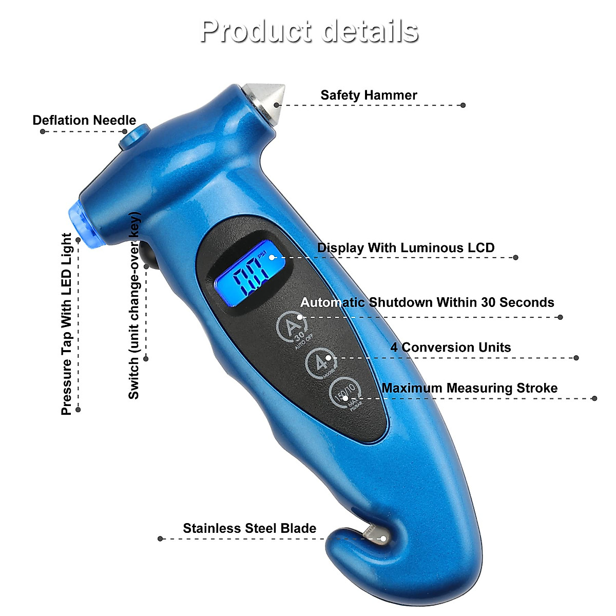 JUSTTOP Digital Tire Pressure Gauge, with Safety Hammer Multi-Function LCD Digital Display Car Tire Pressure Sensing System, Car Window Breaker, Seatbelt Cutter, Blue