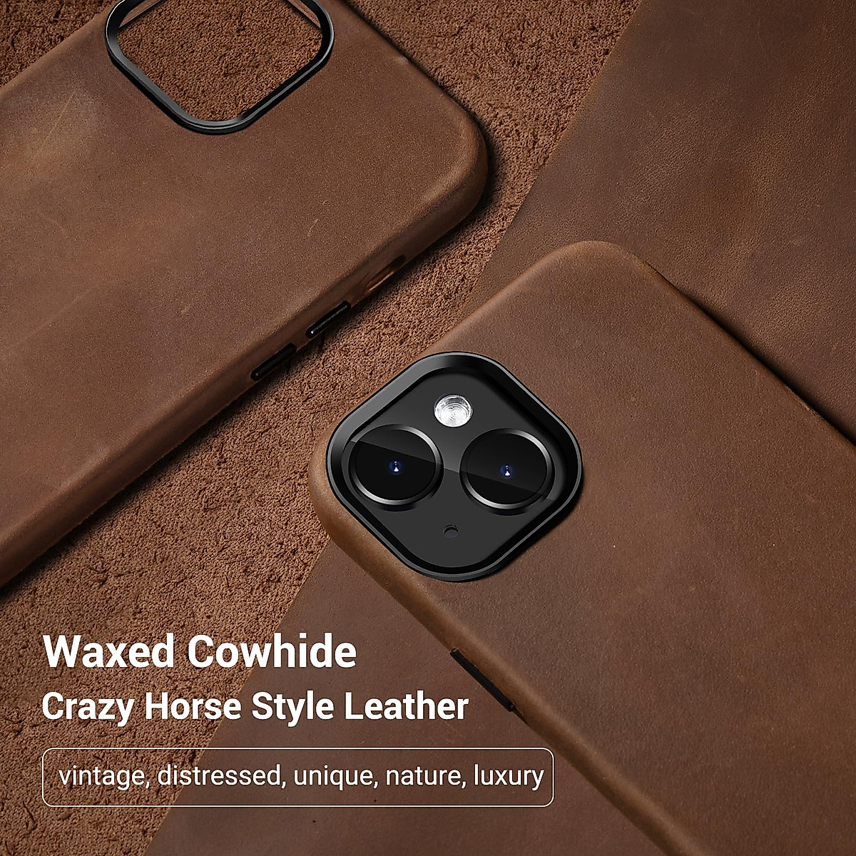 Belemay Compatible with iPhone 15 Leather Case Magsafe - Top Grain Vintage Crazy Horse Leather - Metal Buttons & Camera Bezel Bump - Slim Fit & Soft Feel - Premium Phone Cover (6.1-inch) Retro Brown