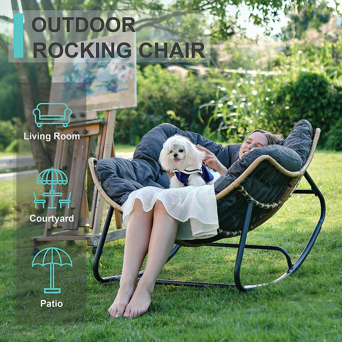 SWITTE Outdoor Rocking Chair, Patio Egg Rocking Chair, Indoor Papasan Chair, Rattan Wicker Lounge Chair, Modern Royal Chair for Bedroom, Living Room, Porch, Garden, Lawn-Dark Grey