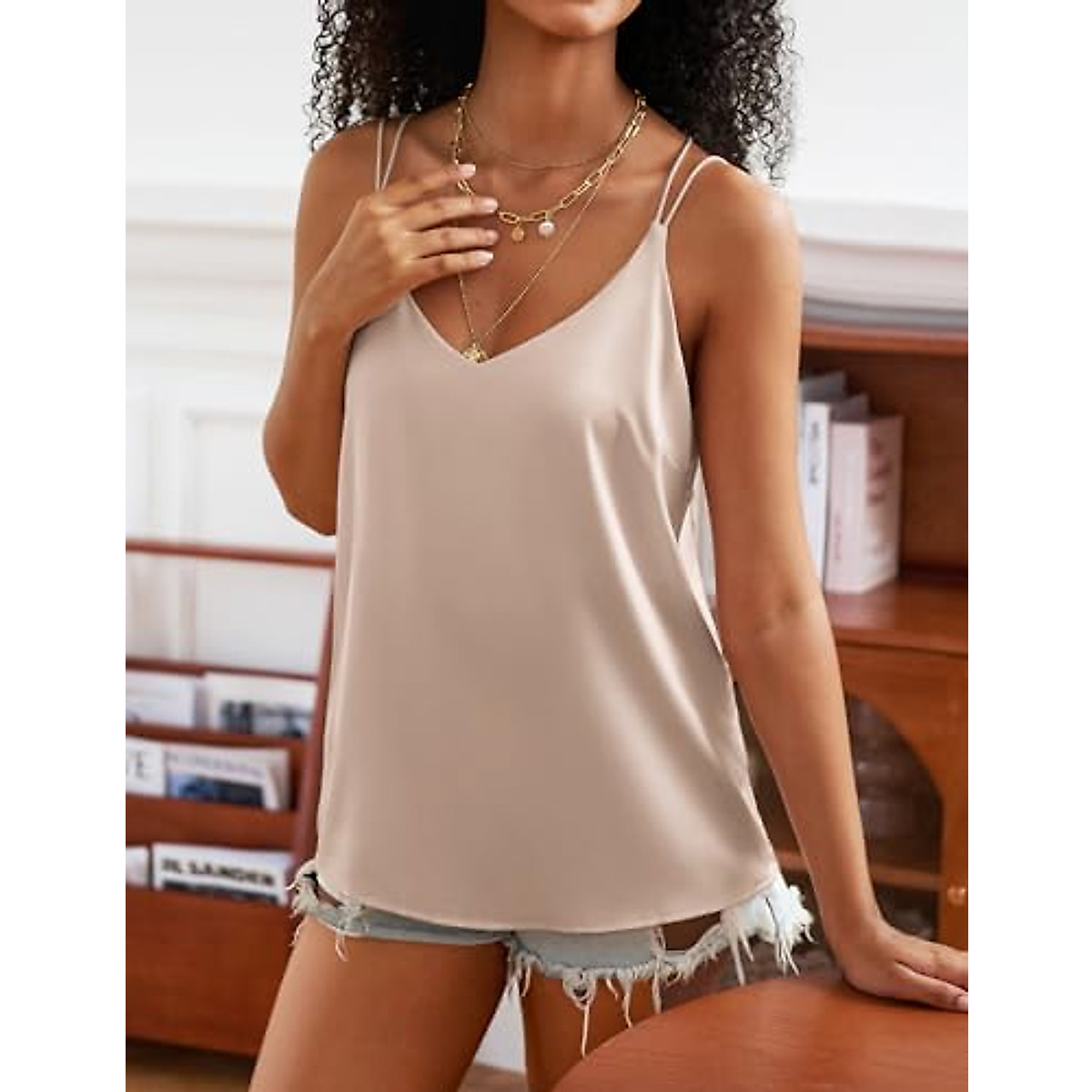 Ekouaer Womens 2-Pack Silk Satin Camisole Tank Top V Neck Sexy Cross Back Spaghetti Strap Cami Sleeveless Lounge Tops