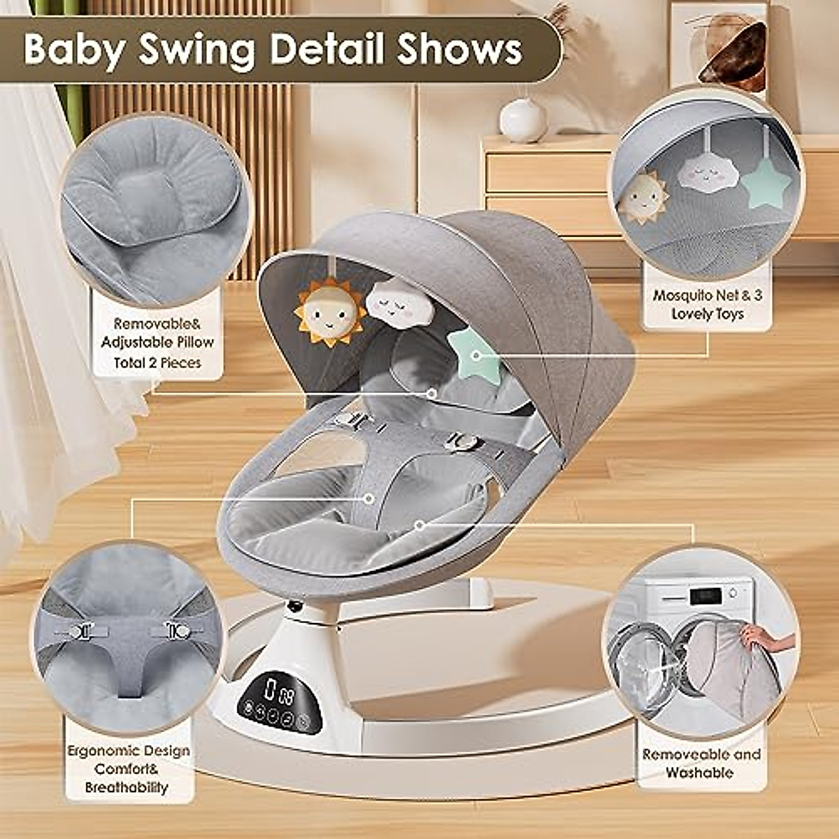 Ixdregan Baby Swings for Infants - Exclusive App & Bluetooth Electric Baby Swing, Smart Sensor&Timing, 5 Speeds, 12 Preset Lullabies and Back-Up Pillow, Portable Baby Swing for Indoor/Outdoor(Grey)