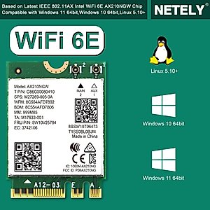NETELY WiFi 6E AX210NGW 5400Mbps Tri-band NGFF M2 Interface WiFi Adapter with Bluetooth 5.2 for Windows 10 11 64bit Laptop PCs, 2.4GHz 574Mbps 5GHz 2400Mbps 6GHz 2400Mbps for Gaming (WiFi 6E AX210NGW)