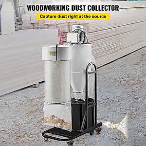 VEVOR 2 HP Dust Collector, Portable Cyclone Dust Collector, 1,500 CFM Woodworking Dust Collector with 13.2-Gallon Collection Drum and Mobile Base, 220V Dust Collection System 3-Micron Canister Kit