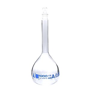 EISCO Volumetric Flask, 1000ml - Class A, ASTM - Tolerance ±0.300 ml - Glass Stopper - Single, Blue Graduation