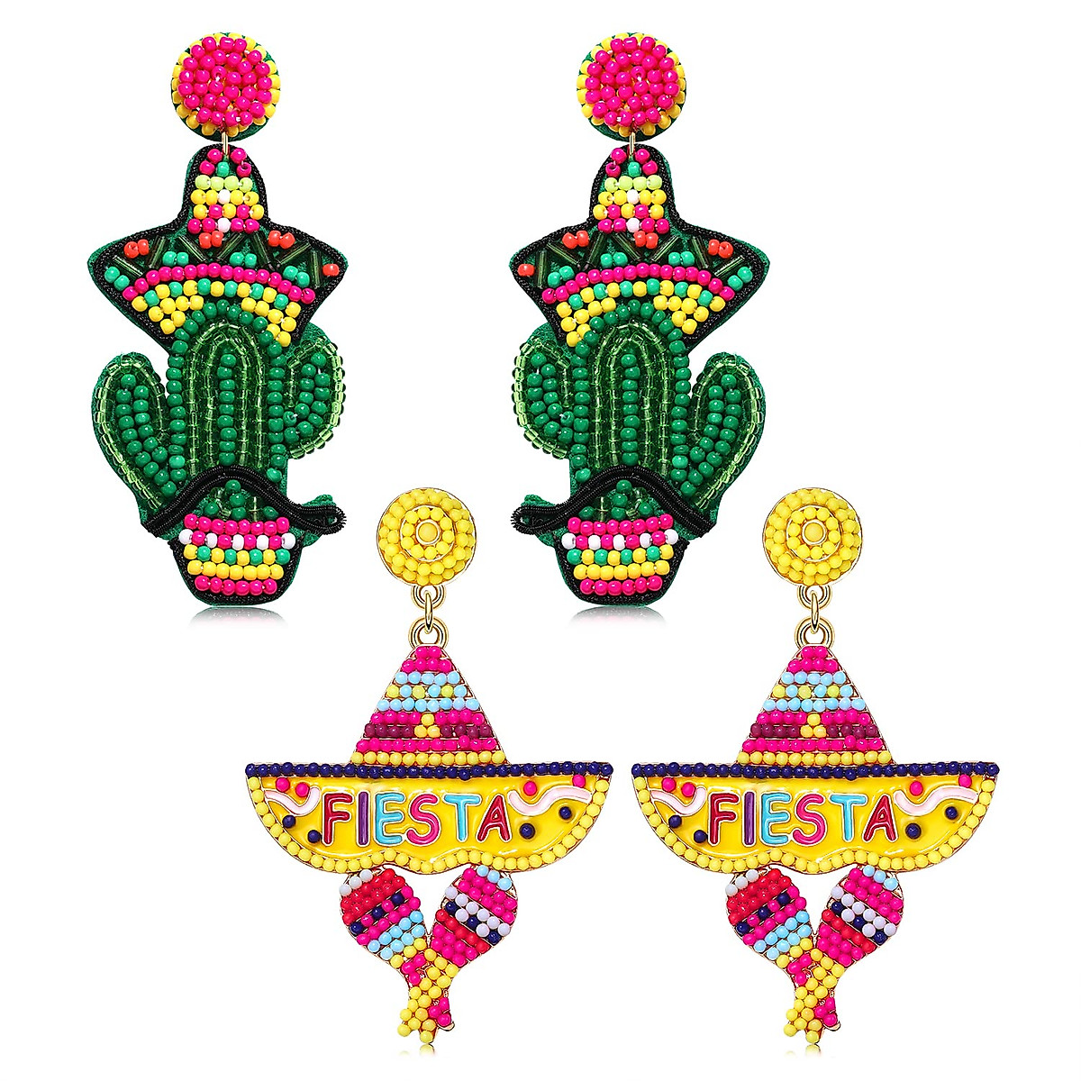 Boderier 2 Pairs Cinco De Mayo Fiesta Earrings Colorful Beaded Sombrero Fiesta Cactus Dangle Earrings Mexican Holiday Fiesta Party Favors Jewelry Gifts (Fiesta Cactus A)