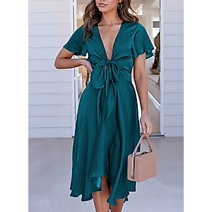 miduo Women's Dresses Summer V Neck Ruffle Short Sleeve Club Self Tie High Waist Hi Low Midi A-Line Skater Satin Dresses Wedding S