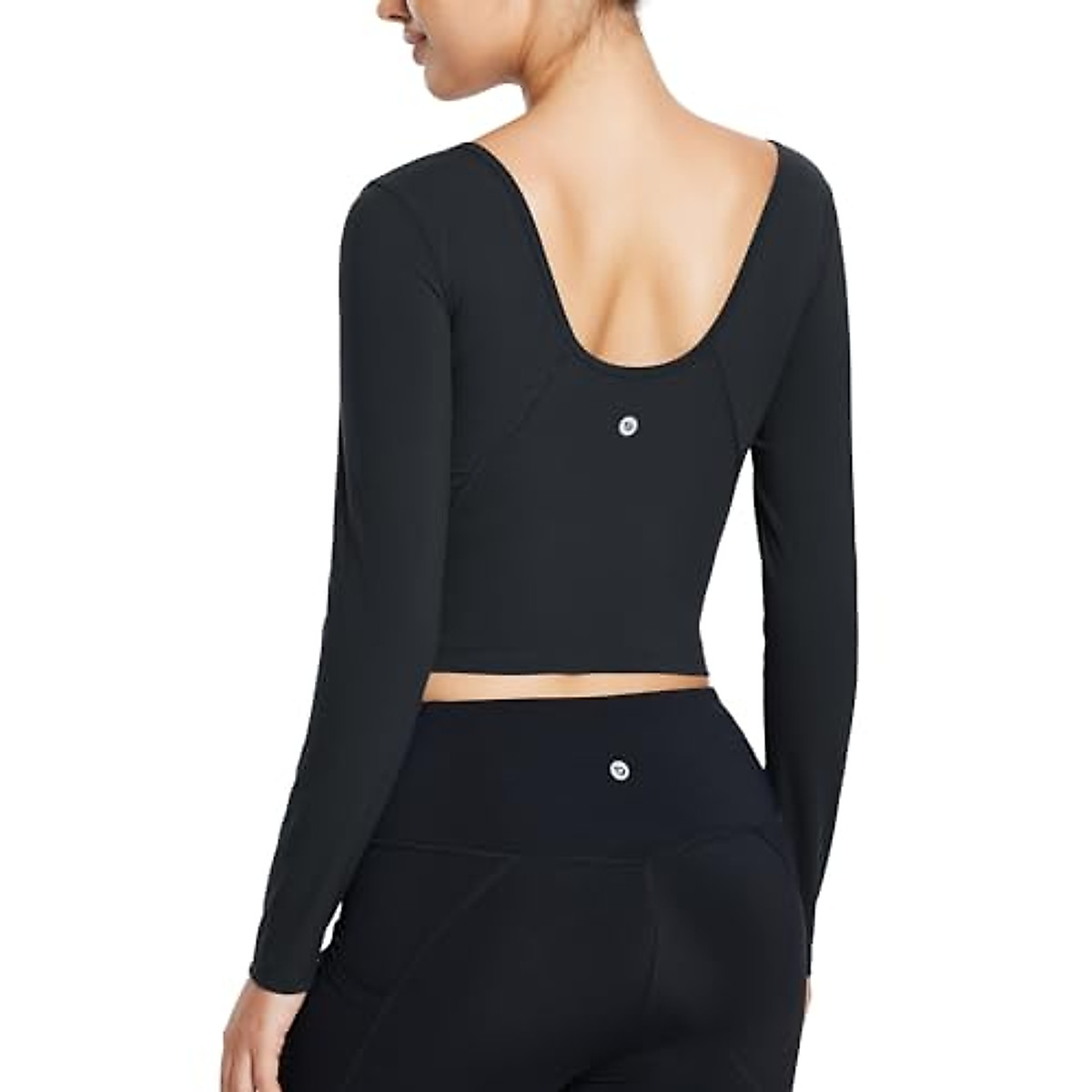 BALEAF Nuleaf Scoop Neck Long Sleeve Crop Top for Women Slim Fit Workout Shirts Tight Base Layer Athletic Gym Casual Black M