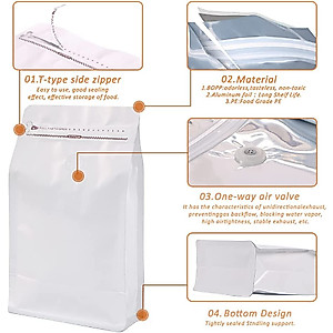 DMPACKDM Coffee Bags with Valve,(50pcs,8 oz/0.5 lb) Flat Bottom White Empty Aluminumed Foil Standing Heat Sealed Coffee Beans Storage Bags,Side Zipper Reusable Bags for Home or Store