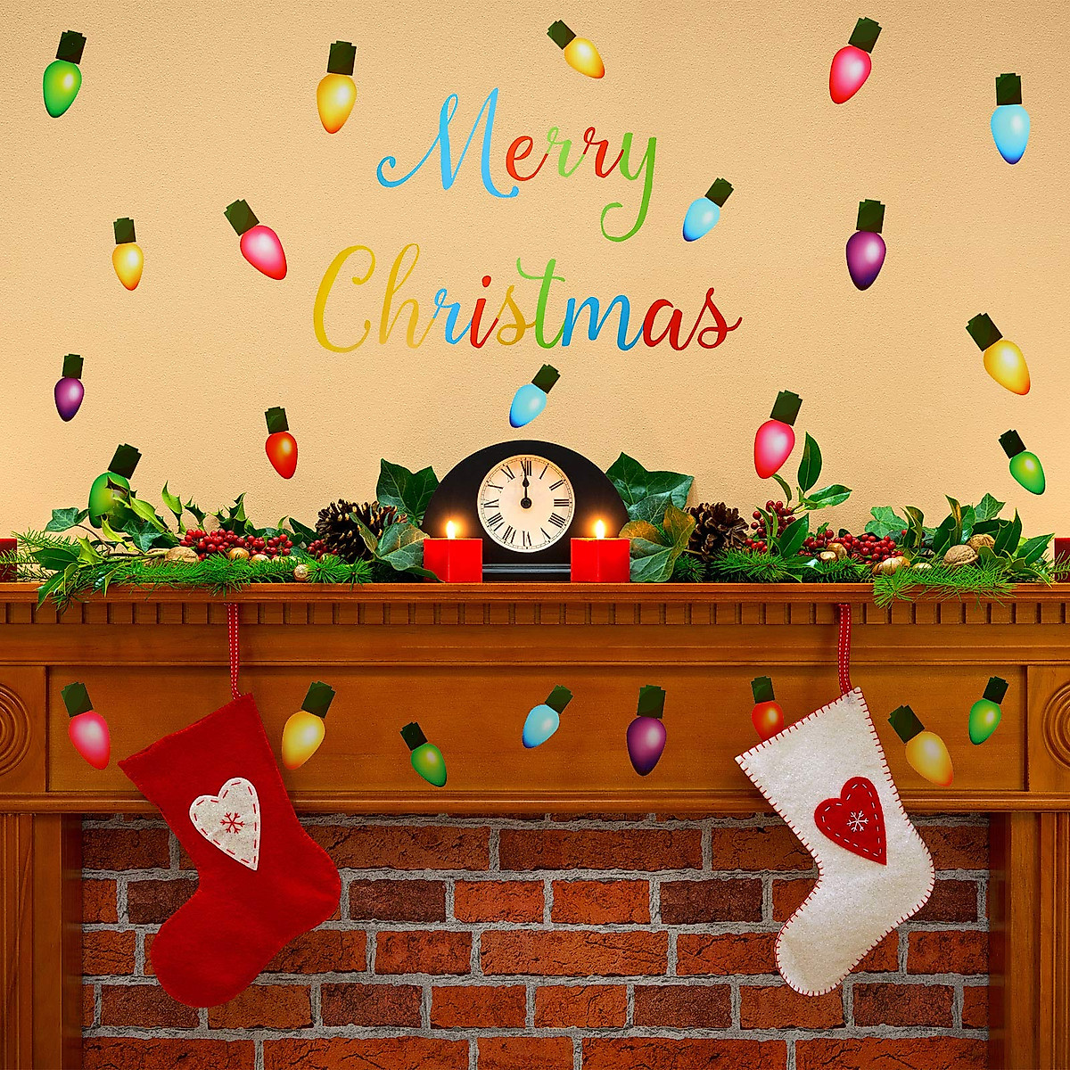 91 Pieces Christmas Wall Stickers Christmas PVC Merry Christmas Lights Bulb Wall Decals for Christmas Decoration