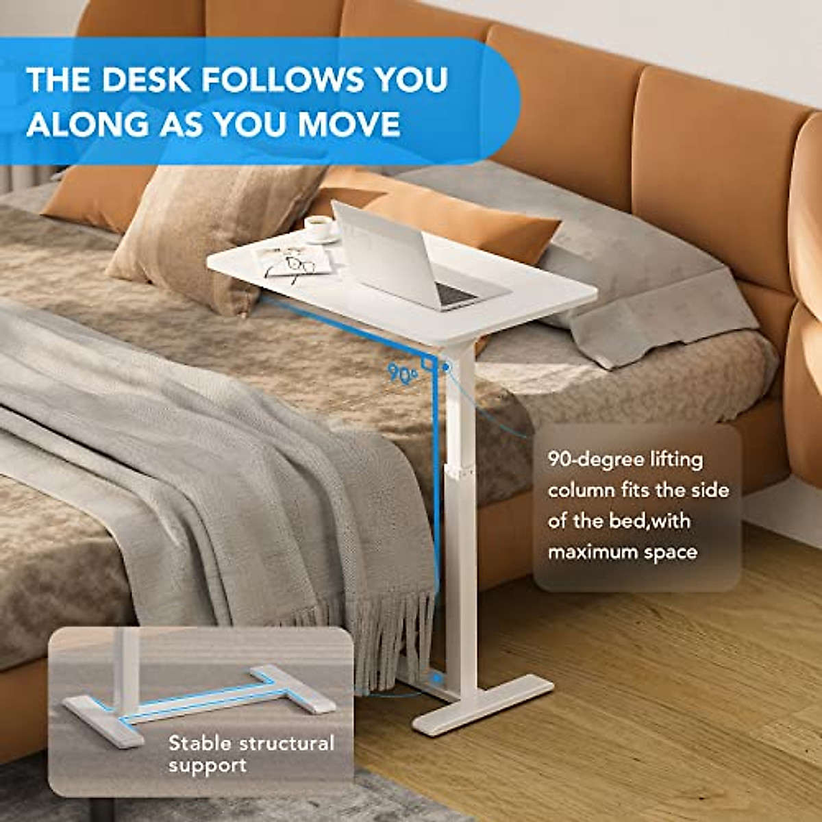 FLEXISPOT Medical Adjustable Overbed Bedside Table with Wheels Pneumatic Mobile Standing Desk Laptop Desk Rolling Computer Cart Movable Overbed Table Hospital Home Use(27.6" W x 15.7" D, White Table)