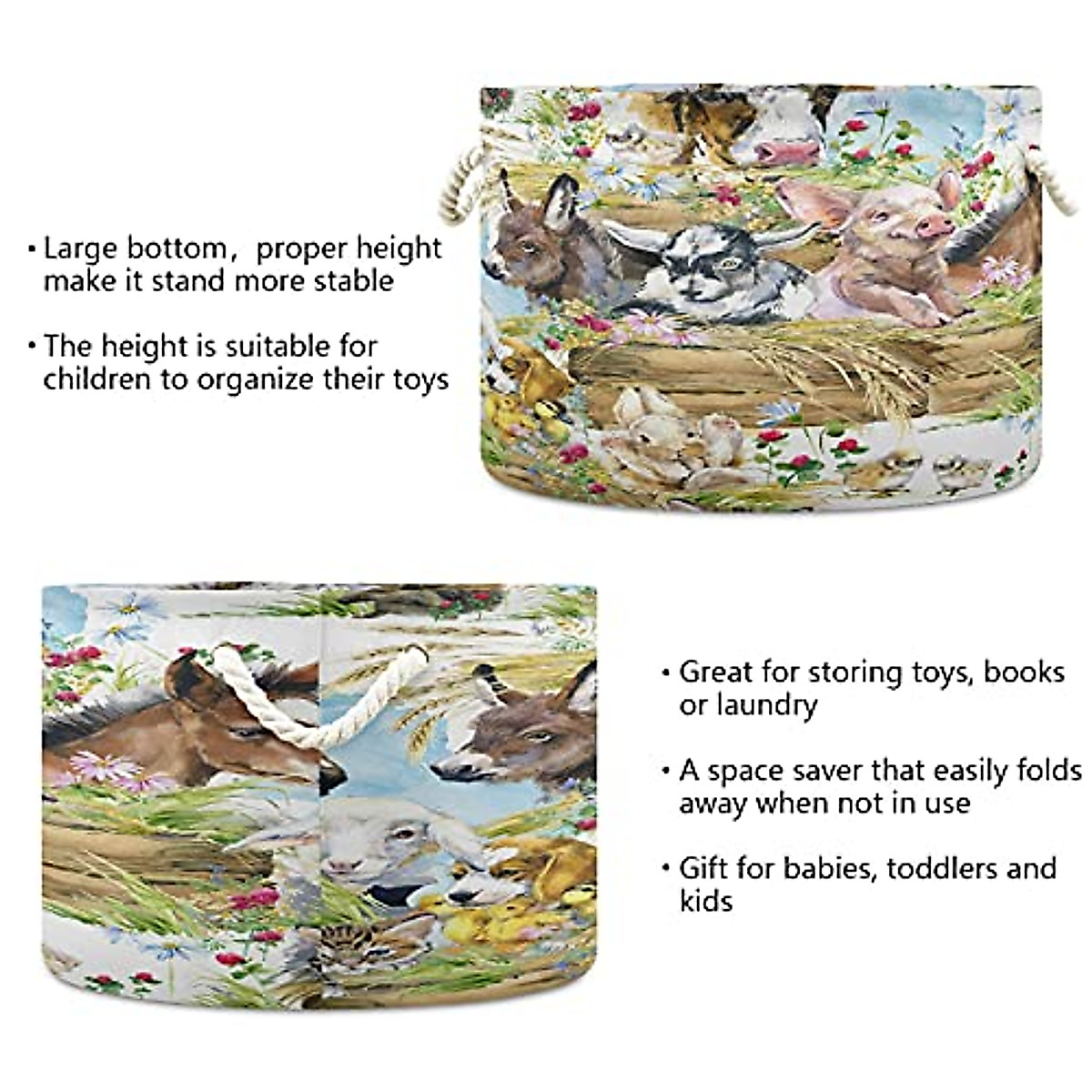 WELLDAY Cotton Rope Basket Farms Animals Baby Laundry Basket for Blankets Toys Storage Basket