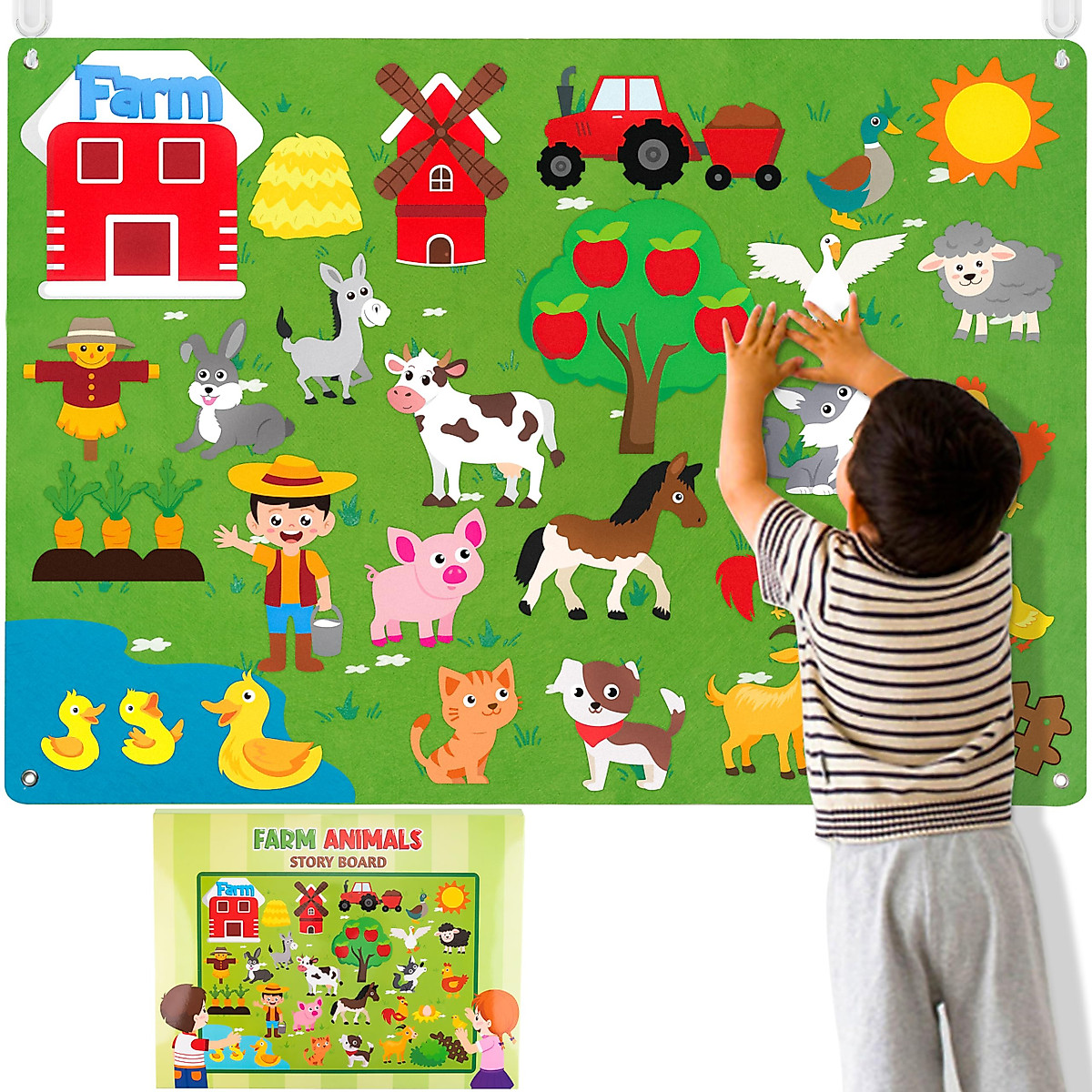 WATINC Farm Animals Felt Story Board Set 3.5Ft 38Pcs Preschool Farmhouse Themed Storytelling Flannel Barnyard Domestic Livestock Early Learning Interactive Play Kit Wall Hanging Gift for Toddlers Kids
