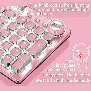 CC MALL Gaming Keyboard,Retro Punk Typewriter-Style, Blue Switches, White Backlight, USB Wired, for PC Laptop Desktop, Stylish Pink Mechanical Keyboard (Round Keycaps)