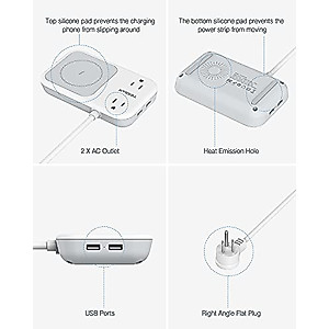 Small Power Strip 2 USB 1 Wireless Charger, TESSAN Mini Flat Plug Nightstand Desktop Charging Station with 2 Outlet 4 ft Extension Cord, Compatible with iPhone for Dorm Room Cruise