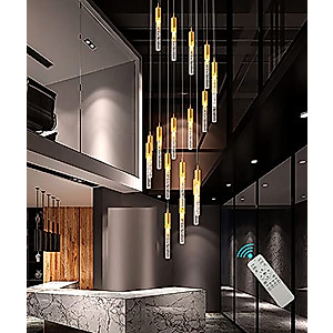 Flashing God H-11.5feet Staircase Crystal Chandeliers Modern 20-Lights Foyer Entrway Long Pendant Chandeliers High Ceiling Crystal Chandeliers with LED Dimmable 3000-6000K Lighting Fixture