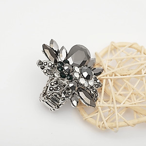 Women's Dazzling Austrian Crystal Leaves Flower Cocktail Statement Rings Stretch Adjustable Ring for Party Wedding Brides Bridesmaids (Black)