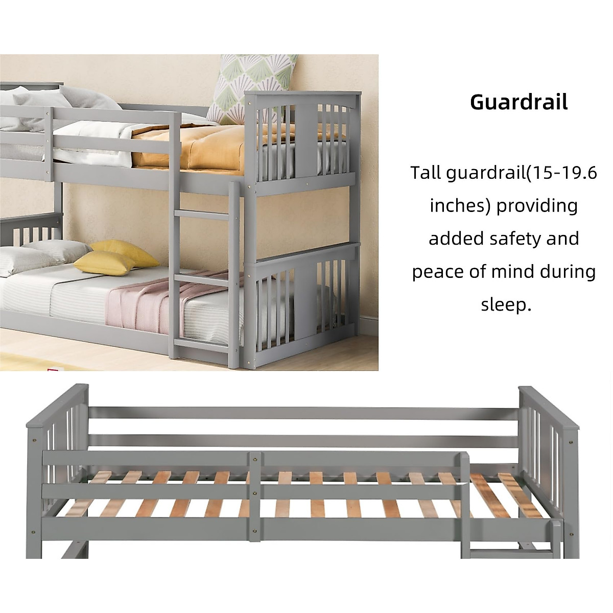 Merax Kids Bunk Bed Twin Over Twin, Wood Low Floor Bunkbed with Stairs Guardrail for Boys, Girls, Toddlers, No Box Spring Required, Grey