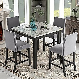 Dinehome 5-Piece Counter Height Dining Set, Square Faux Marble Table with 4 Upholstered Chairs for Small Family Kitchen Living Room Furniture, Gray