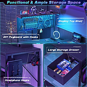 Homieasy L Shaped Gaming Desk with Drawer & Pegboard, 47 inch LED Small Computer Desk with Power Outlet & Storage Shelves, Reversible Corner Desk with Monitor Stand, Headset Hooks, Carbon Fiber Black