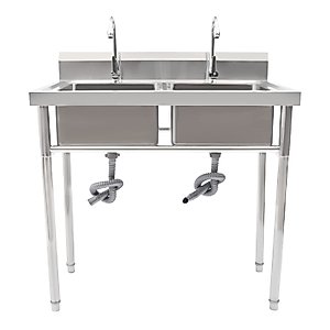 RustyVioum Stainless Steel Sink, 2 Compartment Free Standing Utility Sink, Commercial Sink for Garage Restaurant Kitchen Laundry Room Outdoor, (35.8" W x 21.3" D x 40" H, Silver)