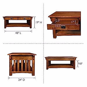 Leick Home 8204 Mission Impeccable Coffee Table for Living Room, Two Drawers and Shelf, Made with Solid Wood, Medium Oak Finish