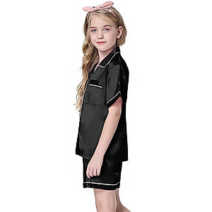 Schbbbta Kids Satin Pajamas, 2 Pcs Sleepwear Short Sleeve Silk Satain Summer Pajama Set for Teen Girls and Boys, Dark Black, 9-10 Years = Tag 150