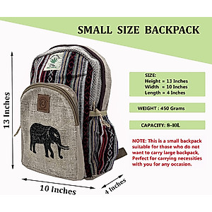 KayJayStyles Handmade Natural Hemp Nepal Backpack Purse Small Lightweight Daypack (Elephant)