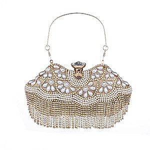 Sither Rhinestone Tassel Handbag Purses for Women Evening Handbag Purses Crystal Pearls Clutch Purses Sparkly Clutches Shoulder Chain Bags for Party Prom Christmas Gift (gold)