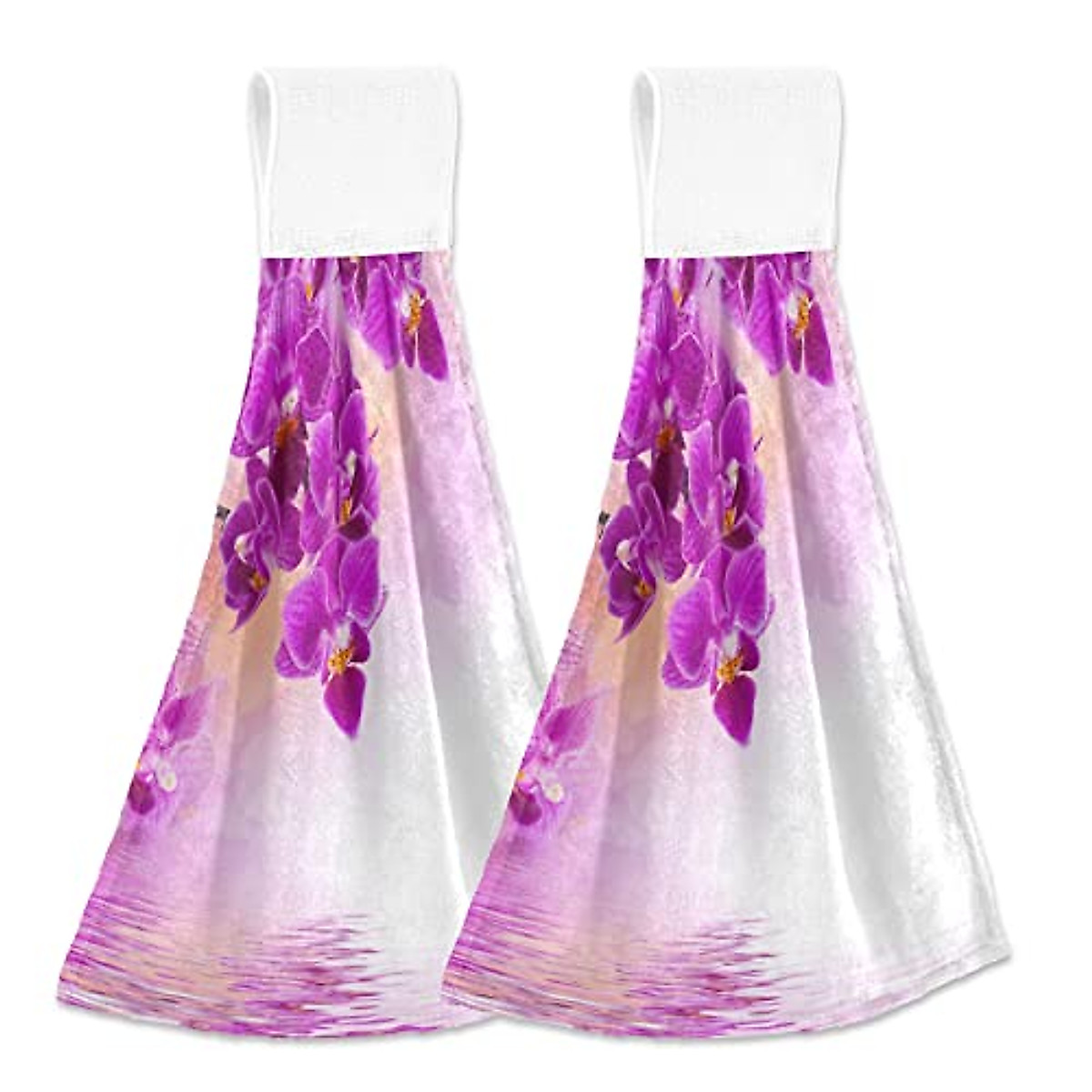 Vnurnrn Purple Florals Water Hanging Tie Towels Absorbent Hand Towel with Hook & Loop for Kitchen Bathroom 2 Pieces