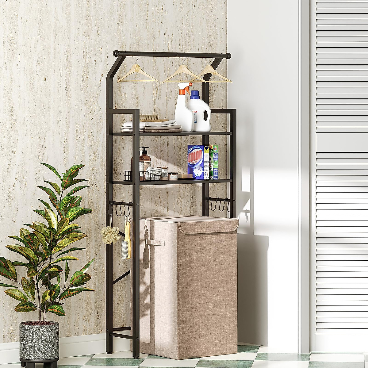 YATINEY Over The Toilet Storage, 2-Tier Bathroom Organizer Shelves with Hooks, Multifunctional Vertical The Toilet Shelf Storage Rack for Bathroom, Black TR01BB