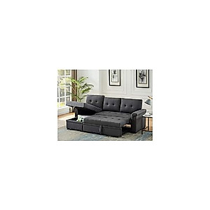 Maykoosh Lakeside Living Linen Cotton Upholstery Fabric Reversible 3 Seating Sectional Sleeper Sofa Chaise with Storage - 86" D x 54" W x 35" H Steel Gray