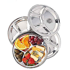 King International Stainless Steel Plates, Divided Indian Dinner Plate,Four Section Round Plates Set Of 4, 12'', Section Control Plate, Kids Plate, Indian Thali Plate