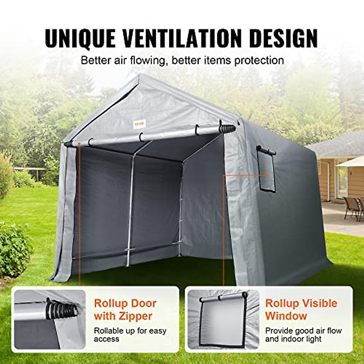 VEVOR Portable Shed Outdoor Storage Shelter, 7x12x7.36 ft Heavy Duty Instant Storage Tent Tarp Sheds with Roll-up Zipper Door and Ventilated Windows for Motorcycle, Bike, Garden Tools