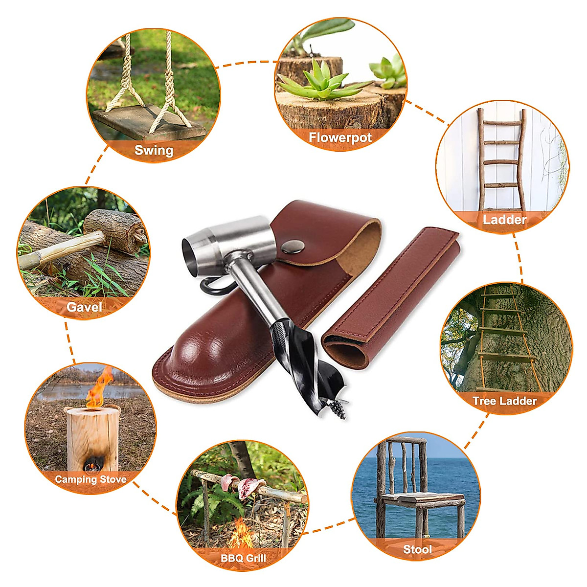 Bushcraft Gear for Survival Settlers Bushscraft Hand Auger Wrench with Flint Scotch Eye Wood Drill Peg and Manual Hole Maker Multitool with leather Case Camping brown