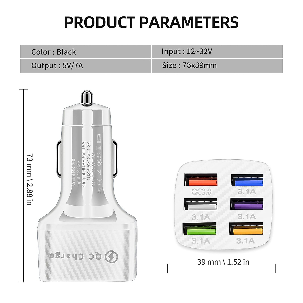 Amiss Car Charger Adapter, 6 USB Multi Port, Fast Charger, Include QC 3.0 and 5 Other Ports, Car Interior Accessories, Fit for iPhone 13/12/11/pro, Samsung Galaxy/Note S10/S9/S8 - White（2PCS）