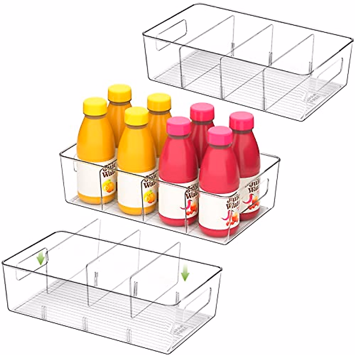 3 Pack Snack Organizer for Pantry – Food Organization and Storage Clear Bins w Removable 3 Dividers, Acrylic Fridge/Refrigerator Organizers, for Kitchen, Cabinets, Snacks, Packets, Sauce, Pouches