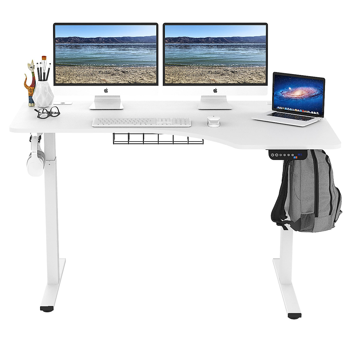 SHW 55-Inch L-Shaped Electric Height Adjustable L-Shaped Standing Desk with Right Facing Corner, White