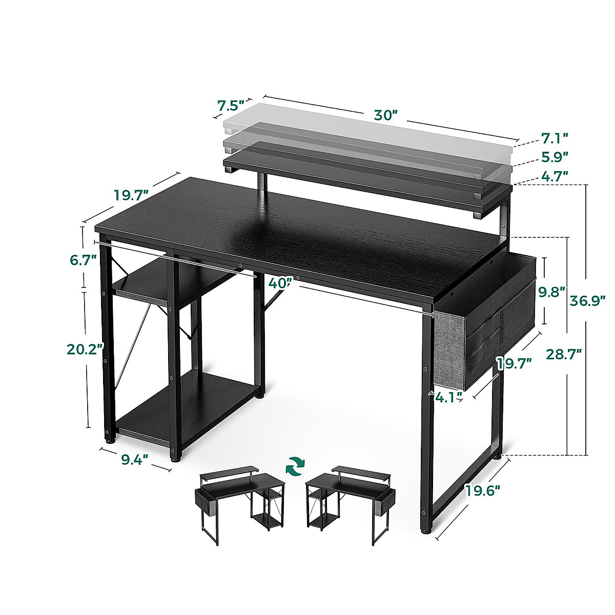 KKL 40 inch Small Computer Desk with Adjustable Monitor Stand, Home Office Desk & Workstation with Storage Shelves, Reversible Work Writing Study Table for Bedroom, Black