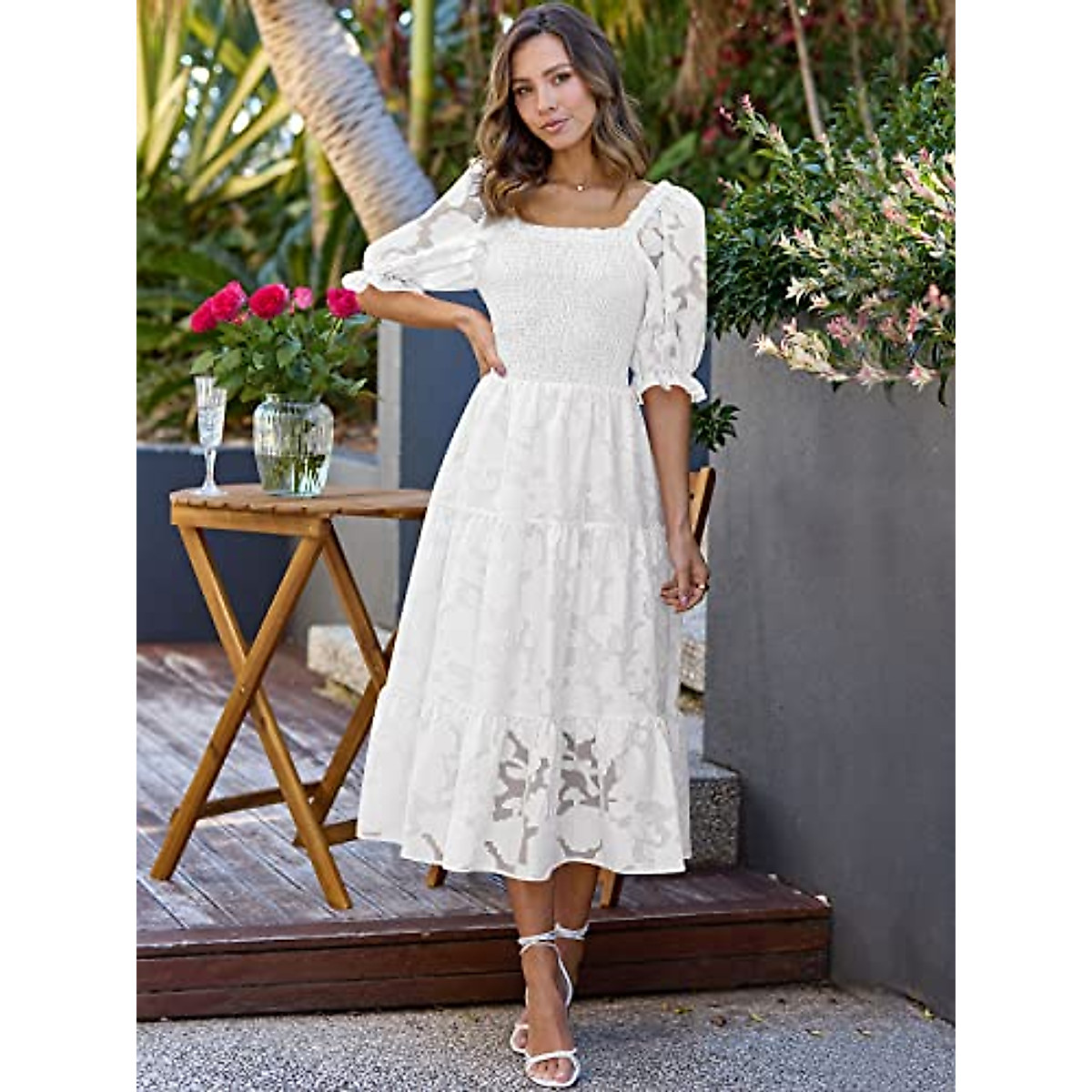 LILLUSORY Women's Flowy Puffy Spring Short Sleeve Dress 2023 Floral White Maxi Dress with Sleeves M