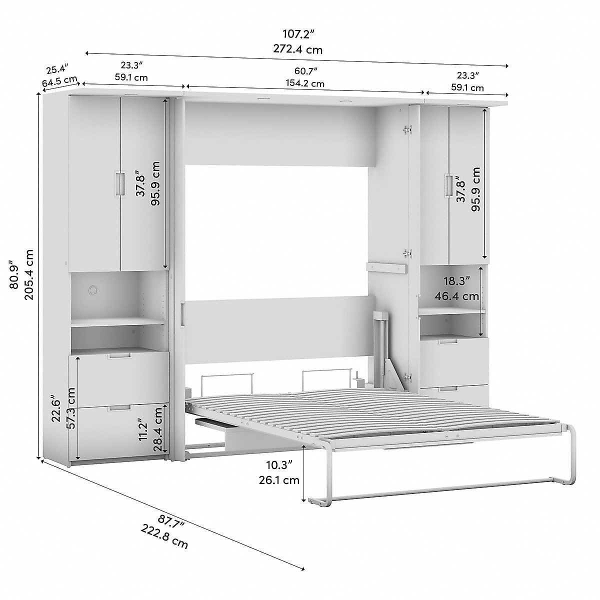 Bestar Lumina 107W Full Murphy Bed with Desk and 2 Storage Cabinets in White Chocolate, Sleeping Arrangement with Drawers
