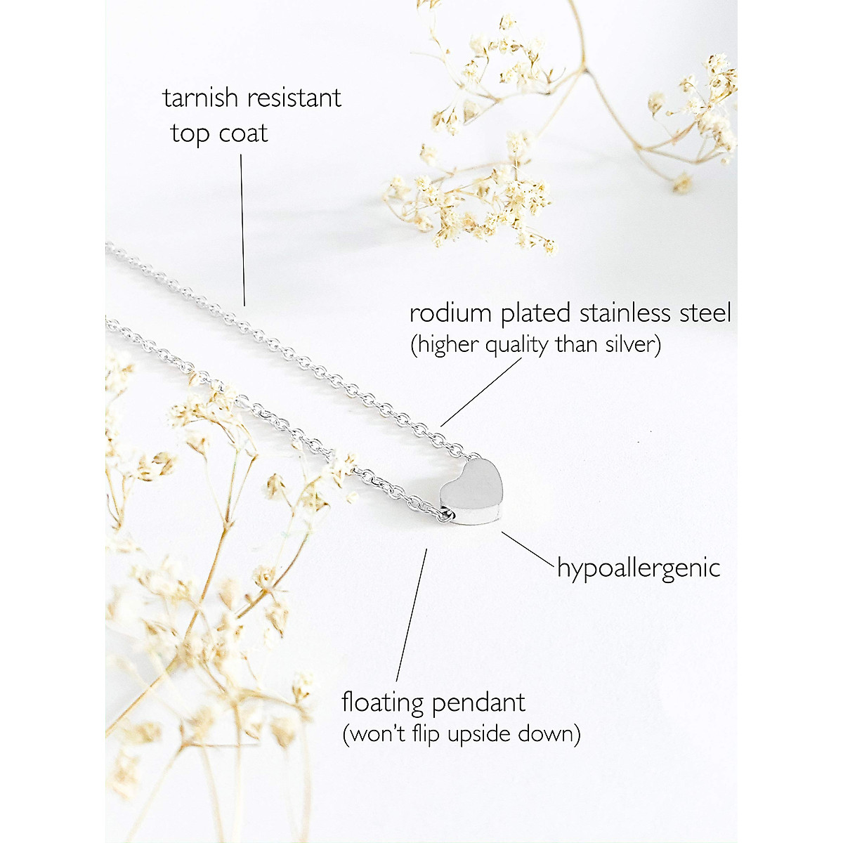 Altitude Boutique Heart Pendant Necklace for Women | Silver Plated Choker Necklace | Dainty Hypoallergenic Adjustable Chain 15in-18in (Silver)