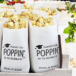 25 Pcs Class of 2023 Graduation Party Favors Popcorn Bags Graduation Treat Snack Goodie Cookie Bags Thanks for Poppin By to Celebrate Grease Resistant Paper Bags