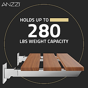 ANZZI Wall Mount Spa Bohemian 18.7 in x 12.4 in Rhino Alloy Certified Bathroom Accessories Folding Teakwood Shower Bench AC-AZ202